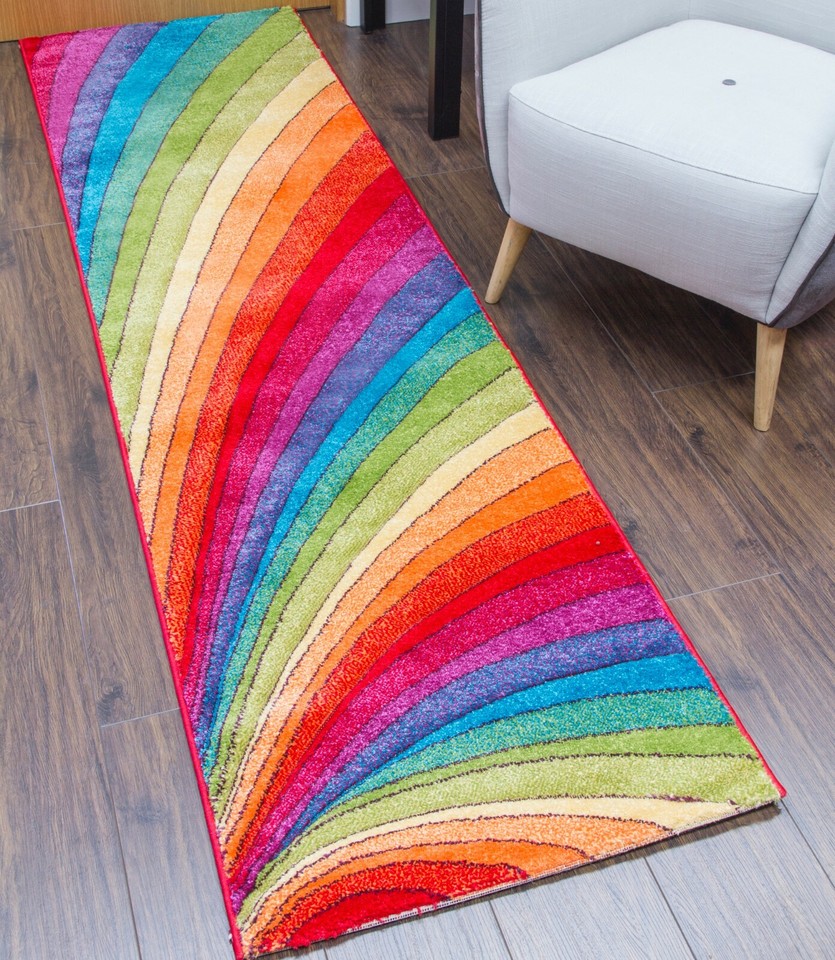 Rainbow Rug Runner Multi Colour Bright Vibrant Hand Carved 3D Effect ...