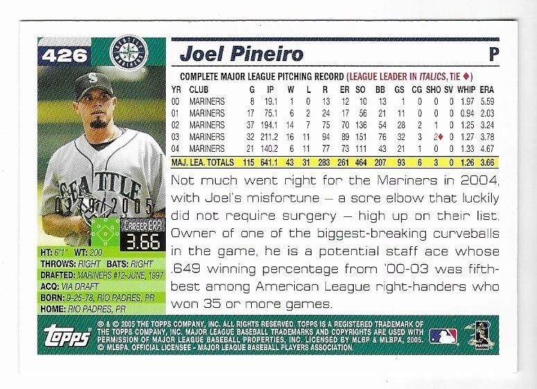 Joel Pineiro 2005 TOPPS MLB BASEBALL GOLD BORDER PARALLEL CARD #426 ...