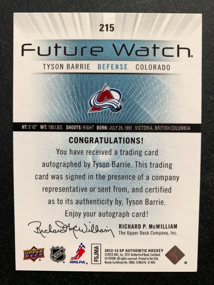 2012-13 SP Authentic Future Watch /999 Tyson Barrie #215 Rookie Auto RC ...