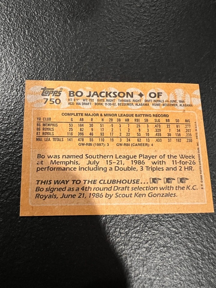 Rare error card 1988 Topps - #750 Bo Jackson | eBay