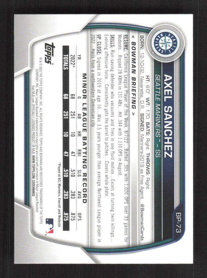 Axel Sanchez 2023 Bowman Prospects Seattle Mariners #BP-73 | eBay