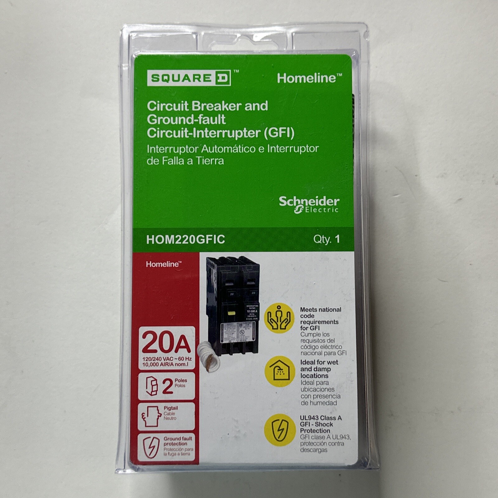 Square-D HOM220GFIC Homeline 20 Amp Two-Pole GFCI Circuit Breaker - NEW ...