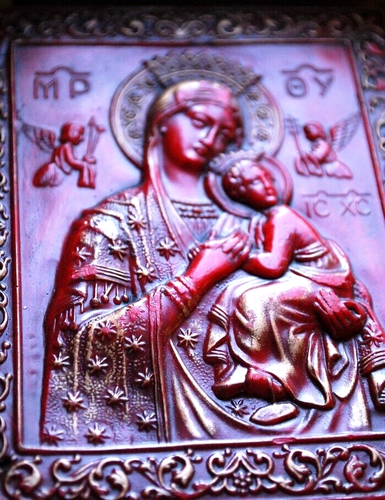 Vtg BYZANTINE MOLDED RED WAX ICON Christianity Art Plaque Greek MADONNA ...