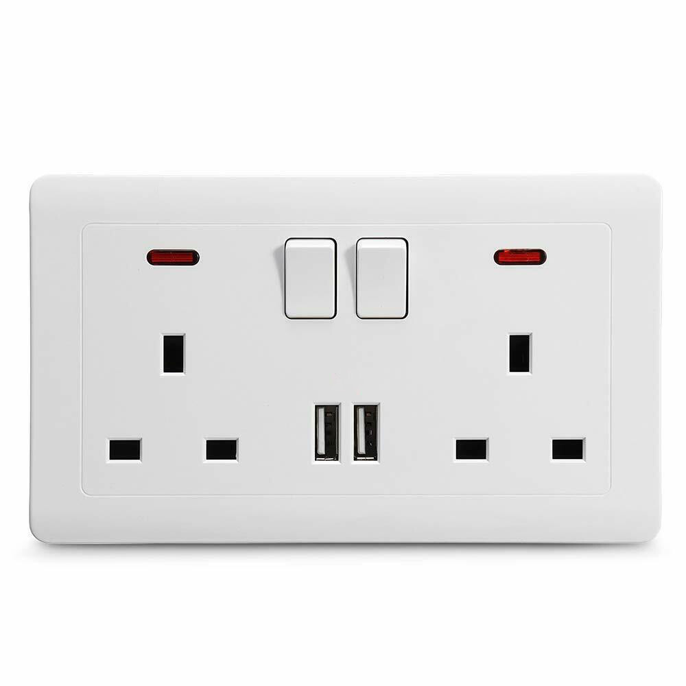 1-5PC Double Wall Plug Socket 2 Gang 13A 2 Charger USB Ports Outlets ...