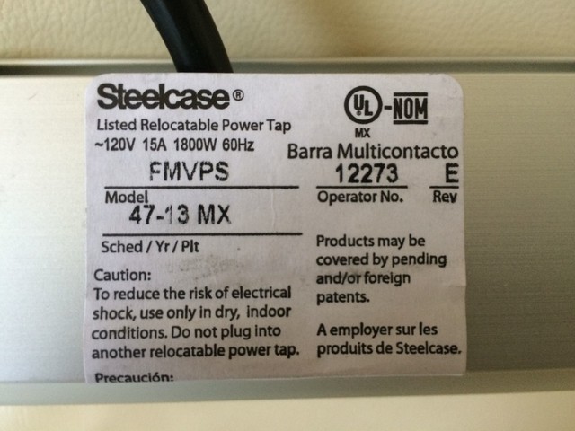 Knoll or Steelcase Relocatable Power Tap 2 Outlet 5ft () 125vac -1875w ...