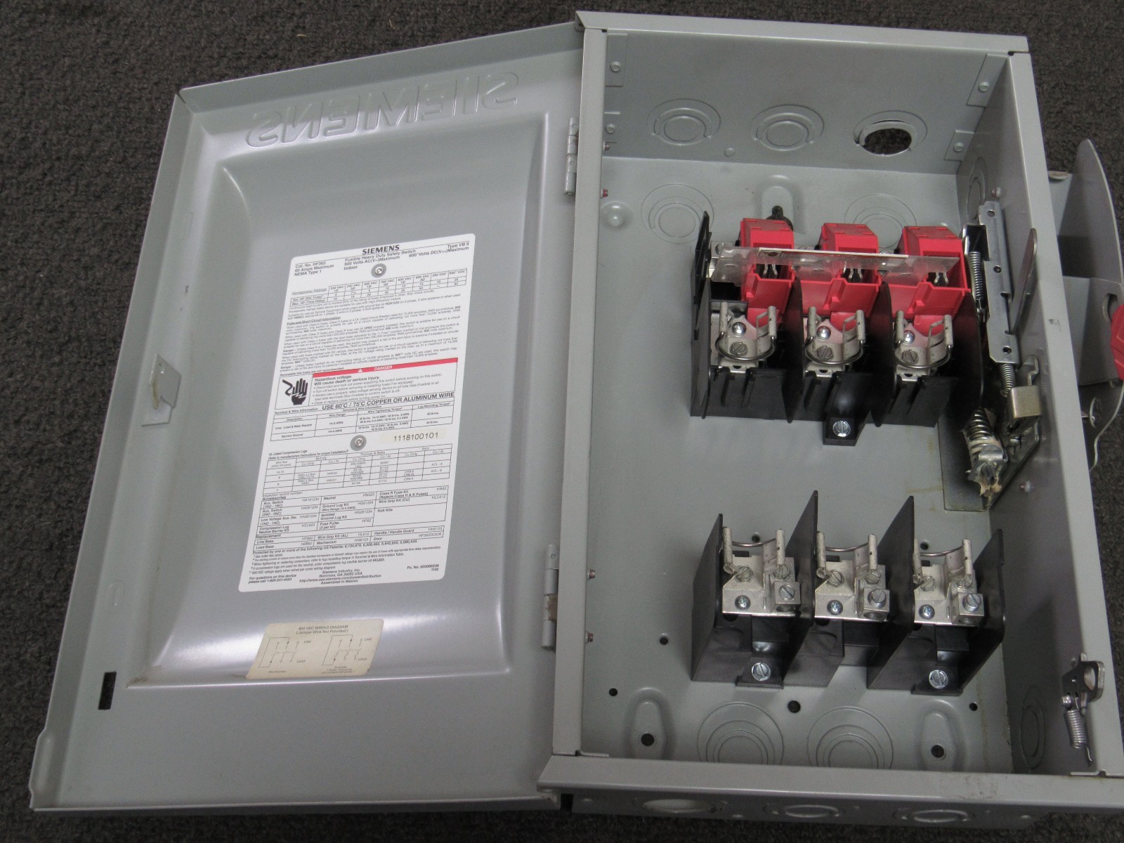 SIEMENS HF362 60A/600V/3P NEMA 1 FUSIBLE HEAVY DUTY SAFETY SWITCH | eBay