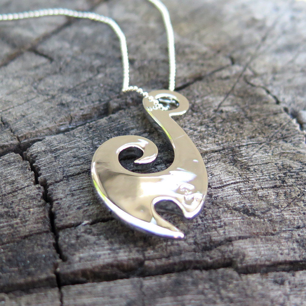 Hawaiian Jewelry Koa Wood Ocean Fish Hook Rhodium Plated Brass Pendant ...