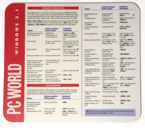 Vintage PC WORLD Windows 3.1 Mouse Pad w/ Shortcuts 8" x 8 | eBay