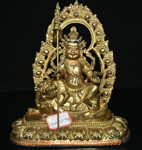 8.4" Old Chinese copper Gilt Vaishravana On Lion Protector Deity Buddha ...