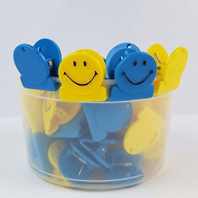Lot 10 Blue & Yellow Smiley Face Clips Chips Pretzel Bags Paper Notes ...