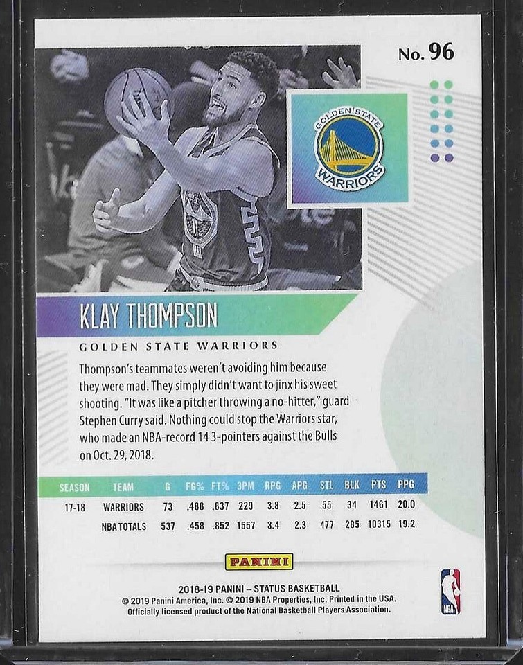 2018-19 Panini Status Basketball Klay Thompson Card #96 Golden State ...