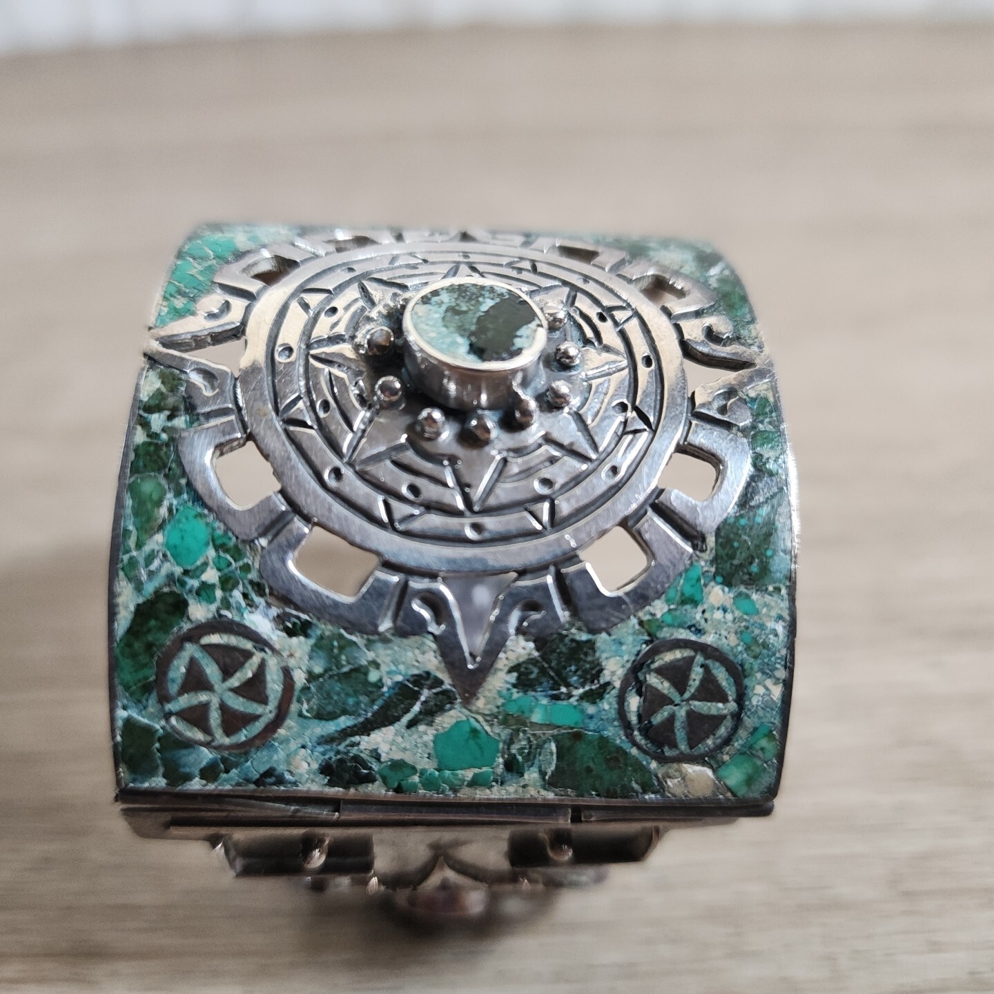 Rare Vintage Bracelet Aztec Sunburst Mexican Sterling Green Mosaic ...