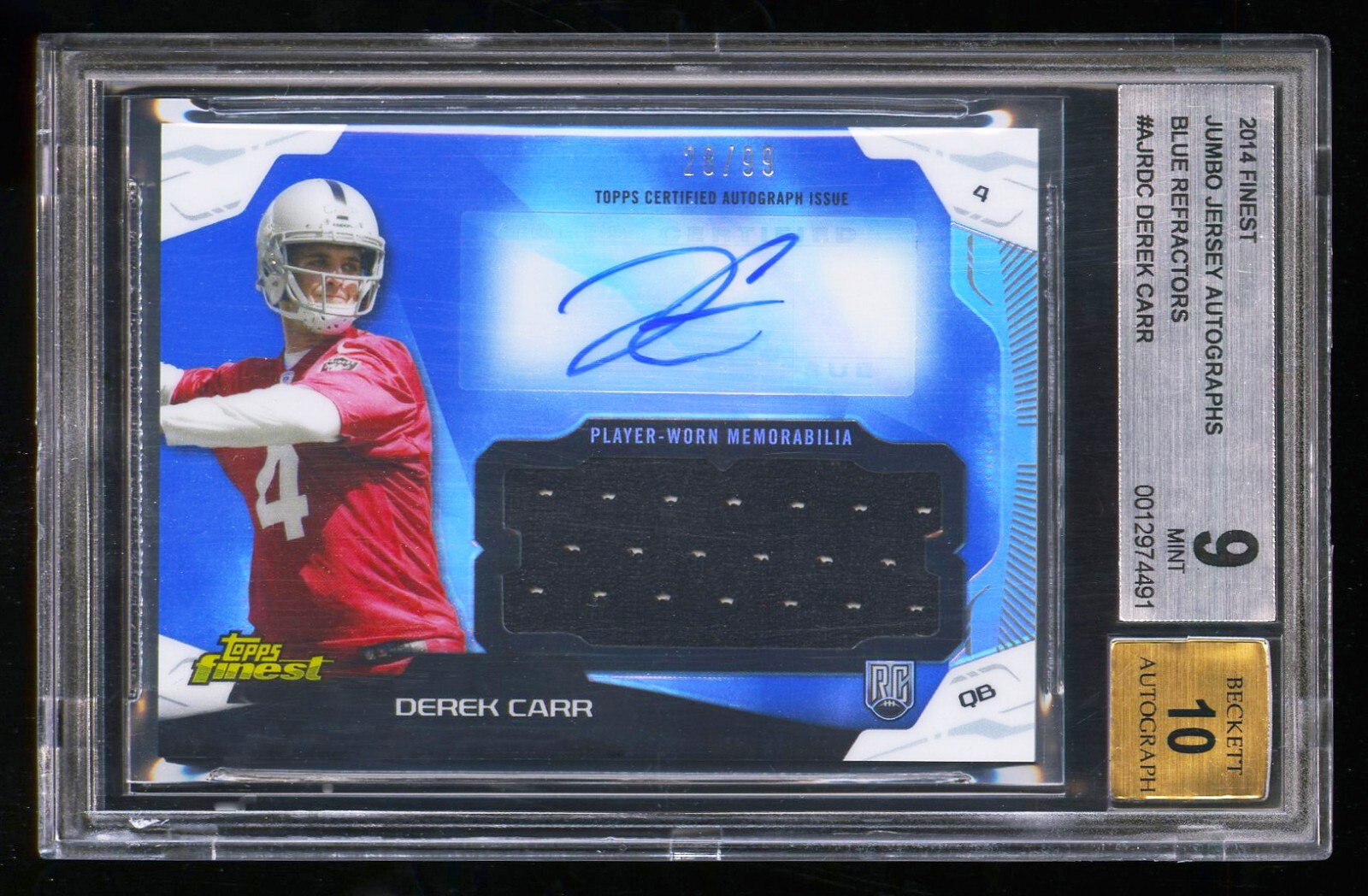 2014 Topps Finest - Autograph Jumbo Relics Derek Carr #AJR-DC Blue ...