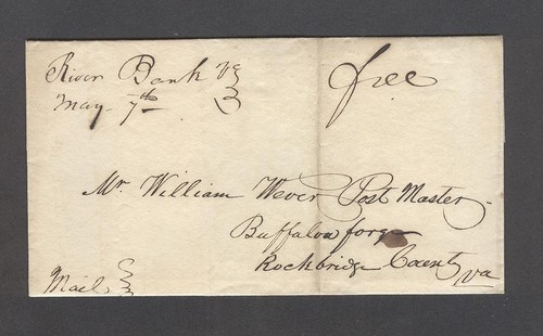 "River Bank Va. May 7th" Orange Co. 1833 wrapper Simon Keesaer to ...