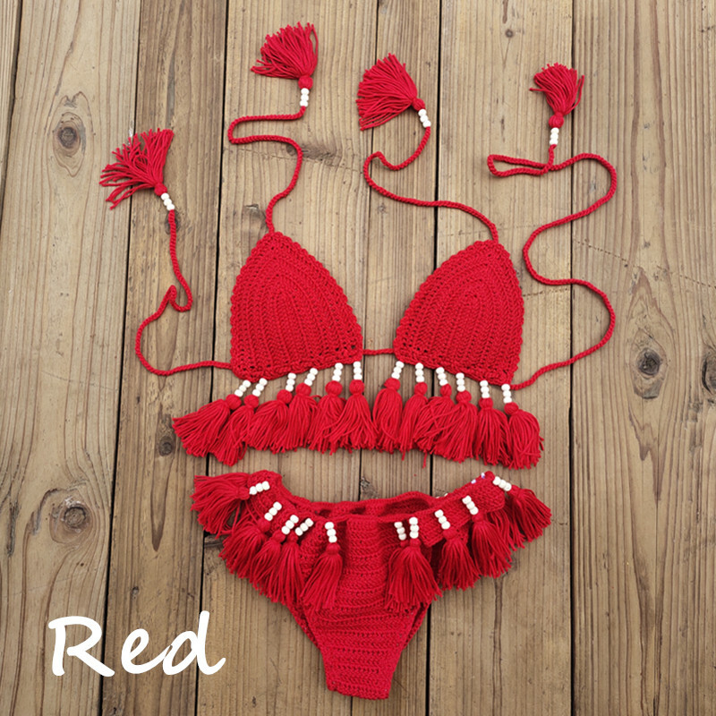 Handmade Crochet Bikini Set Laca Lita And Tassels Bead Women Swimwear