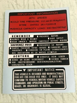 Honda Big Red Tank Warning Sticker 1985 ATC250ES 250ES X ATC Decal | eBay