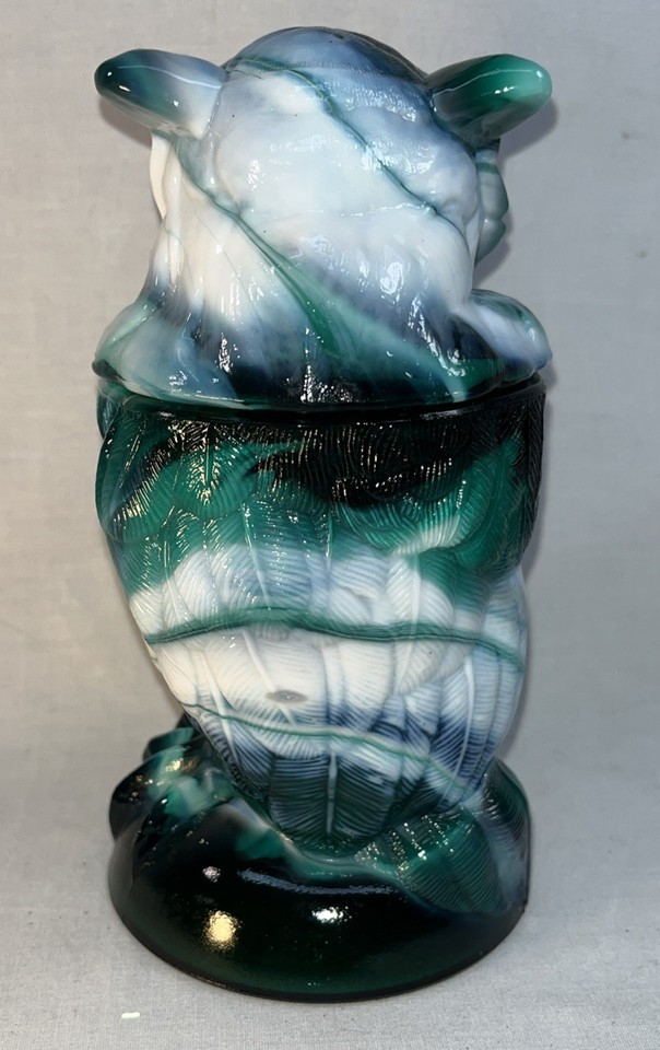 IMPERIAL SLAG GLASS GREEN WITH YELLOW EYES OWL COVERED DISH EXCELLENT ...