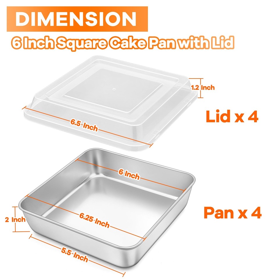 Square Cake Pan 6 Inch Stainless Steel Mini Square Lasagna Brownie Pan ...