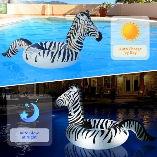 Inflatable Zebra Pool Float with Lights, Solar Powered Swimming Pool ...
