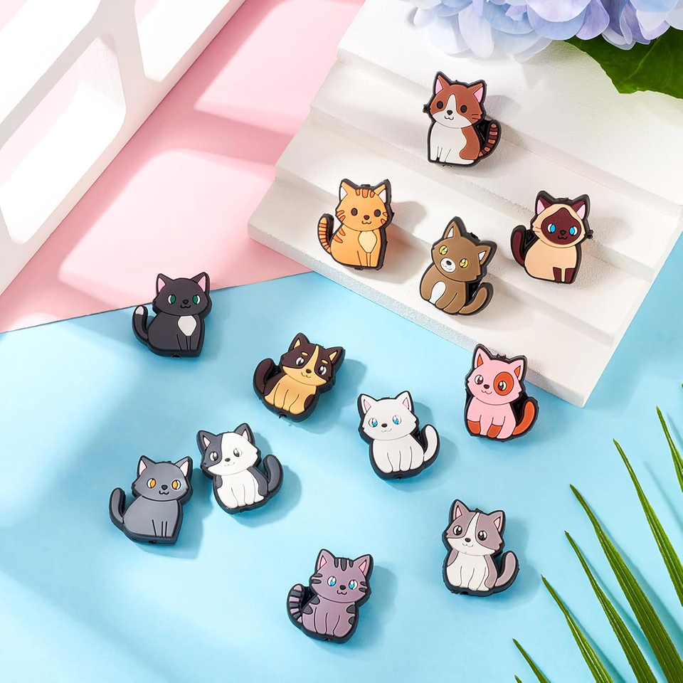 12Pcs Cat Silicone Beads for Keychain Making, Cute Cartoon Kitten ...