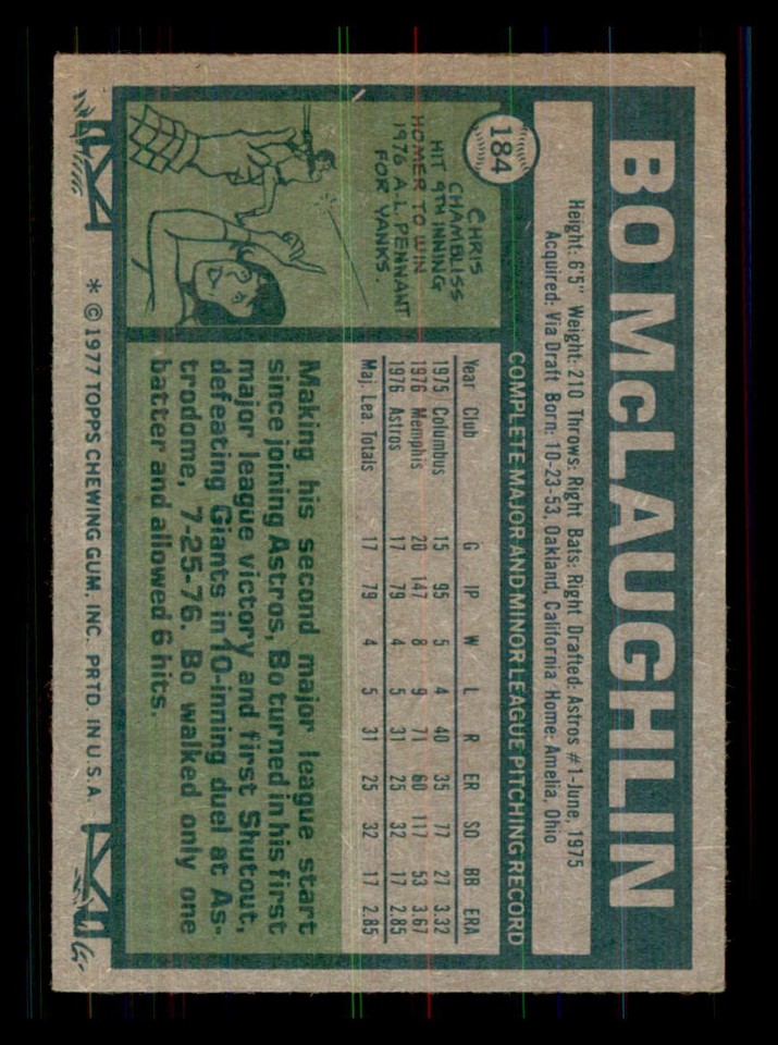 1977 Baseball Topps Bo McLaughlin Houston Astros #184 RC | eBay