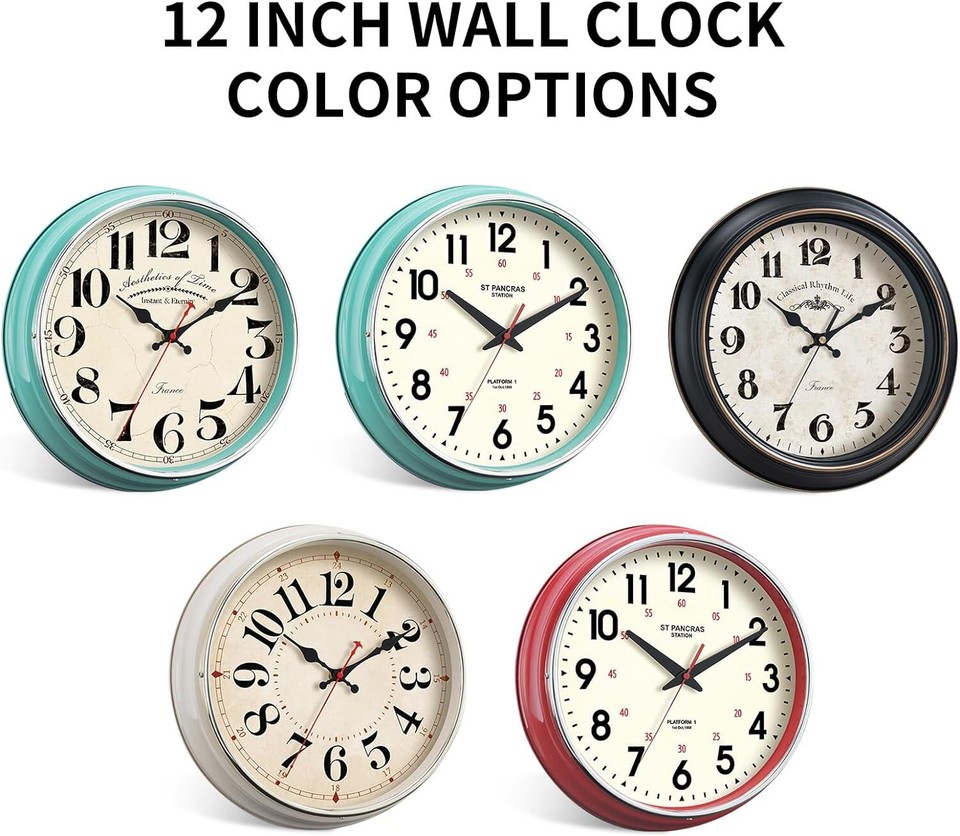 Wall Clock Metal 12.4" Vintage Retro Wall Clocks Countryside Silent Non ...