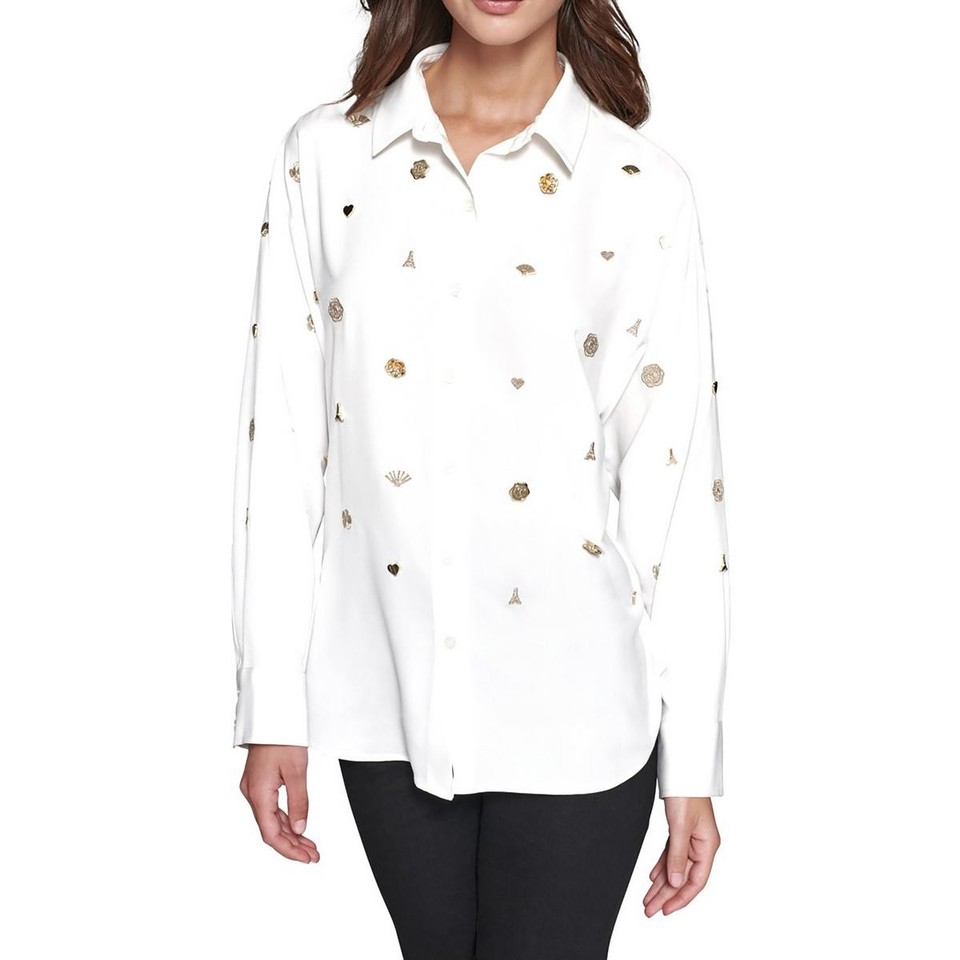 Karl Lagerfeld Paris Womens White Embellished Button-Down Top L BHFO ...