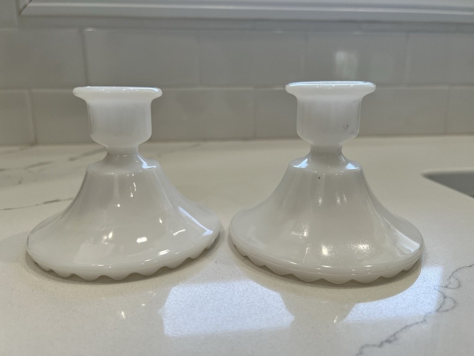 Set Of Two White Milk Glass Taper Candle Stick Holders Ruffle Bottom ...