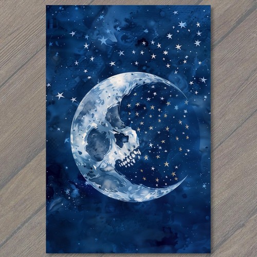 11x17" Skull in the Moon Stars Space Dark Man Weird Strange Unusual ...