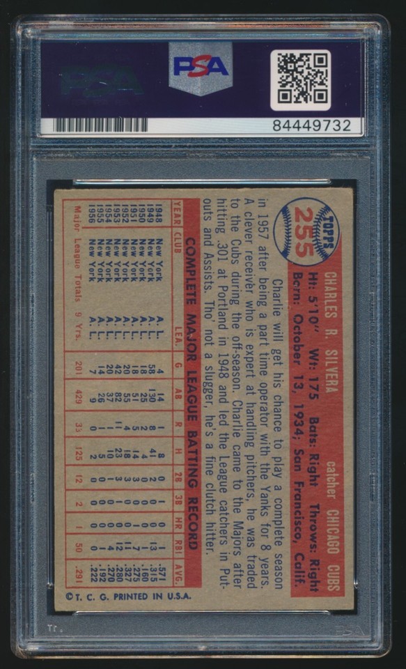 1957 Topps -#255 CHARLIE SILVERA (Chicago Cubs) *AUTOGRAPHED* d.2019 ...