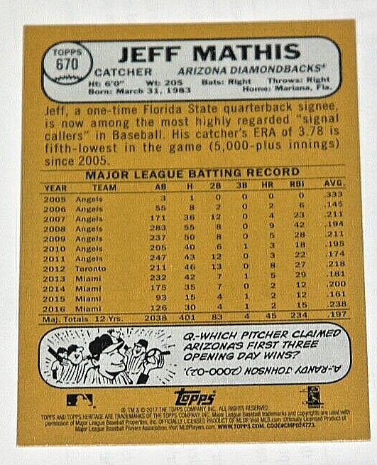 2017 Topps Heritage Gray Back - Only 10 Made - #670 Jeff Mathis ...