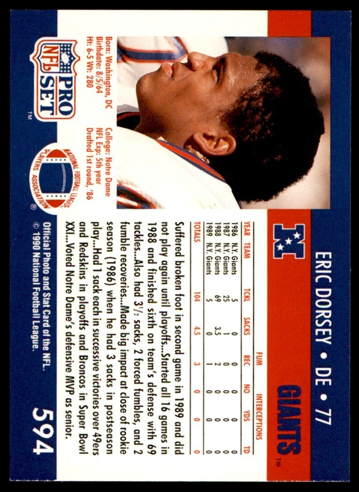 1990 Pro Set Eric Dorsey Rookie New York Giants #594 | eBay