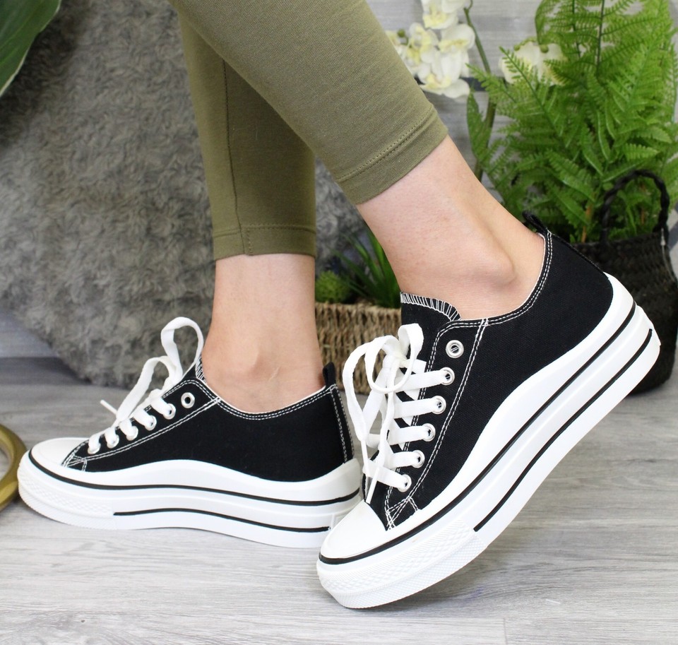 Ladies Canvas Trainers Platform Sneakers Plimsolls Lace Up Pumps Women ...