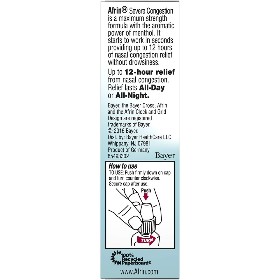 Afrin Severe Congestion Nasal Spray with Menthol 12 Hour Relief 0.5 oz ...