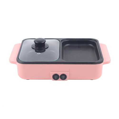 Pink 2 in 1 Electric Hot Pot Kitchen Smokeless Non-stick Baking Pan BBQ ...