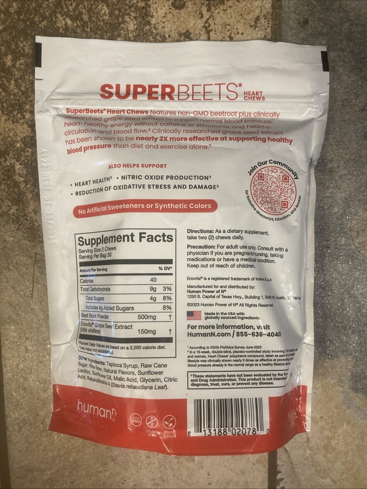 HumanN SuperBeets Grape Seed Soft Chews - 60 Count, New And Sealed, BB ...