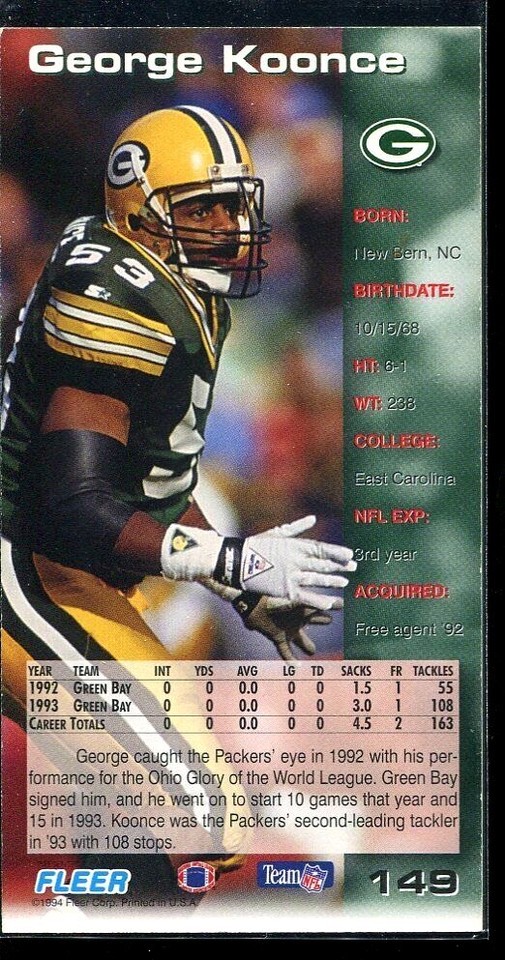 1994 Fleer Game Day Tall Boy George Koonce #149 Green Bay Packers | eBay