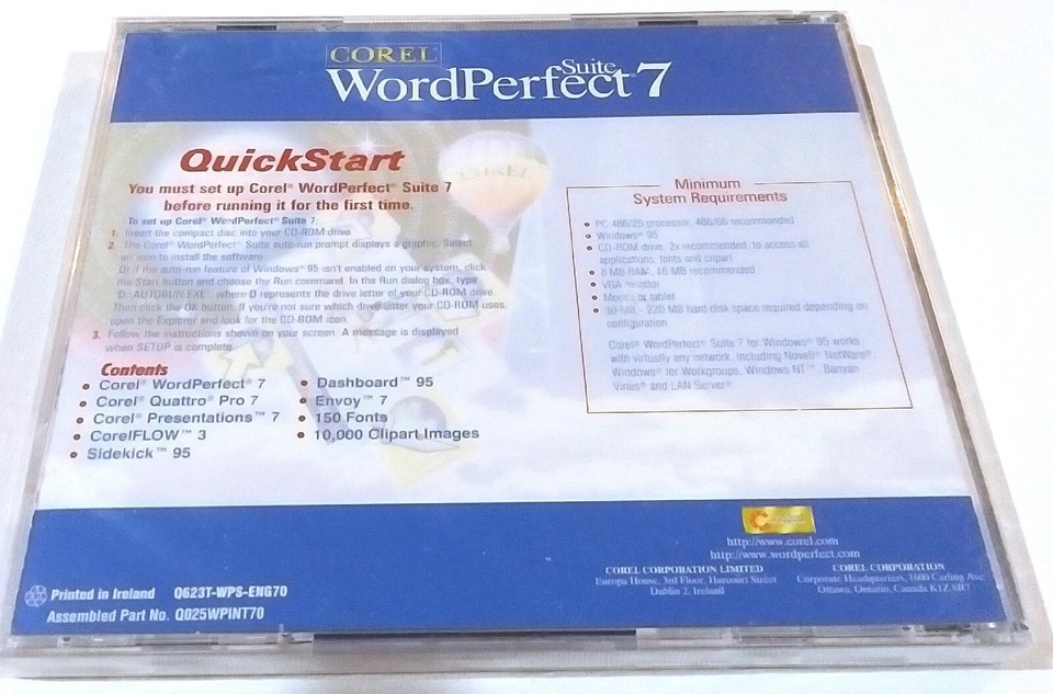 NEW - COREL WORDPERFECT 7 SUITE SOFTWARE FOR WINDOWS CD 1995 PRINTED IN ...