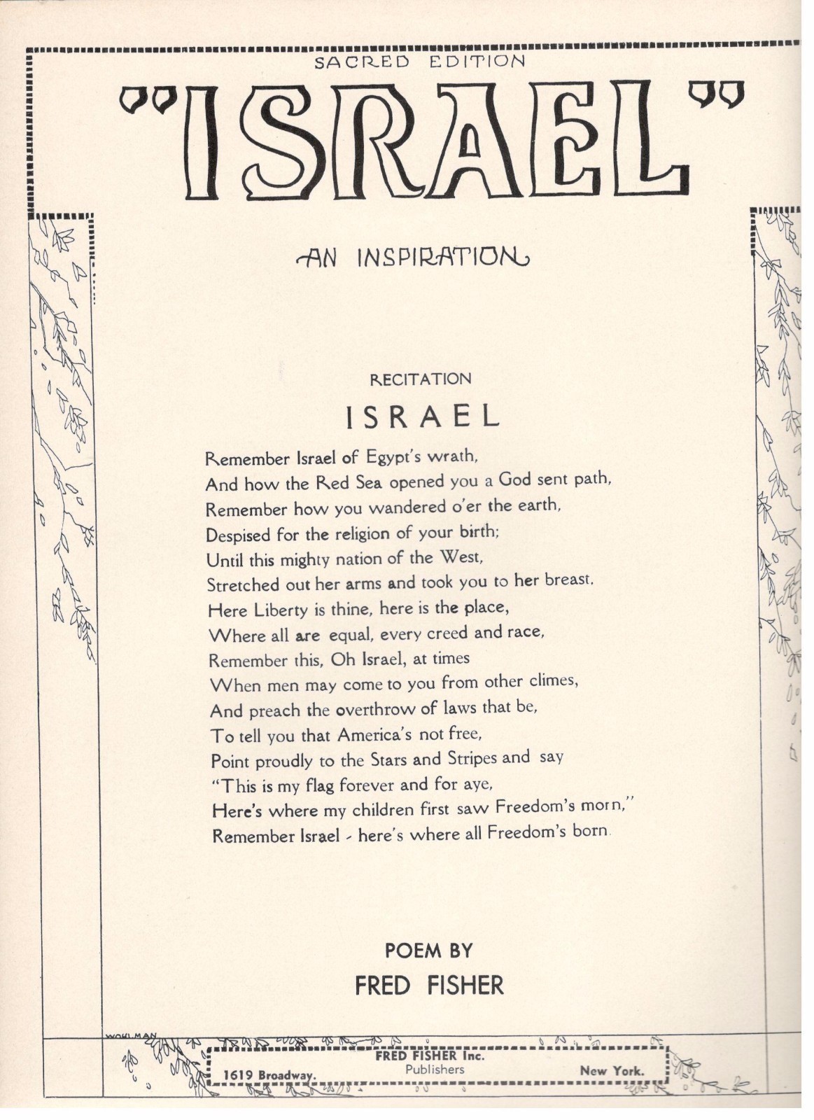SACRED EDITION "ISRAEL" AN INSPIRATION-1920-RARE POEM BY FRED FISHER ...