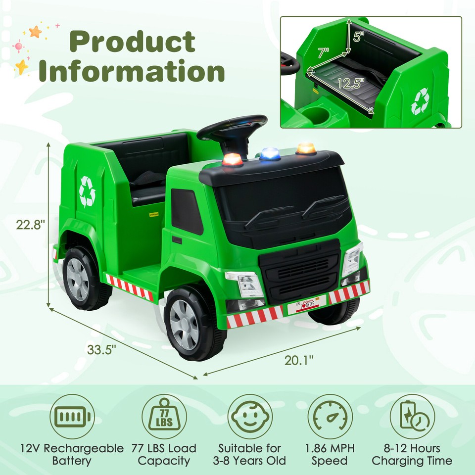 12V Electric Ride On Toy Remote Recycling Garbage Truck w/ Recycling ...