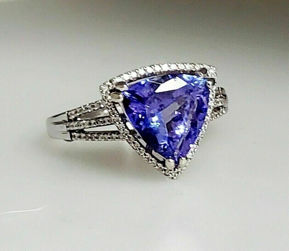 3Ct Trillion Cut Natural Tanzanite Halo Engagement Ring 14K Solid White ...