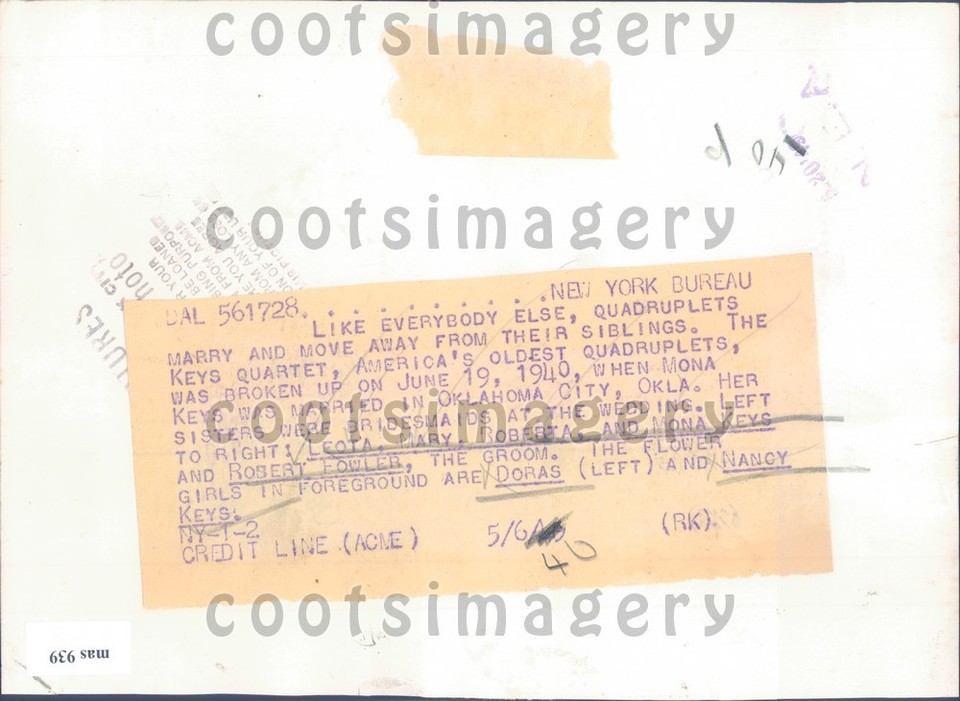 1940 Oklahoma Keys Quadruplets at Mona's Wedding Press Photo | eBay