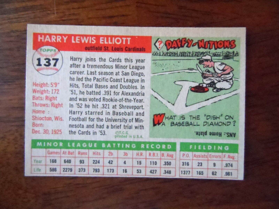 1955 TOPPS BASEBALL #137 HARRY ELLIOTT ST. LOUIS CARDINALS EX/MT SET ...