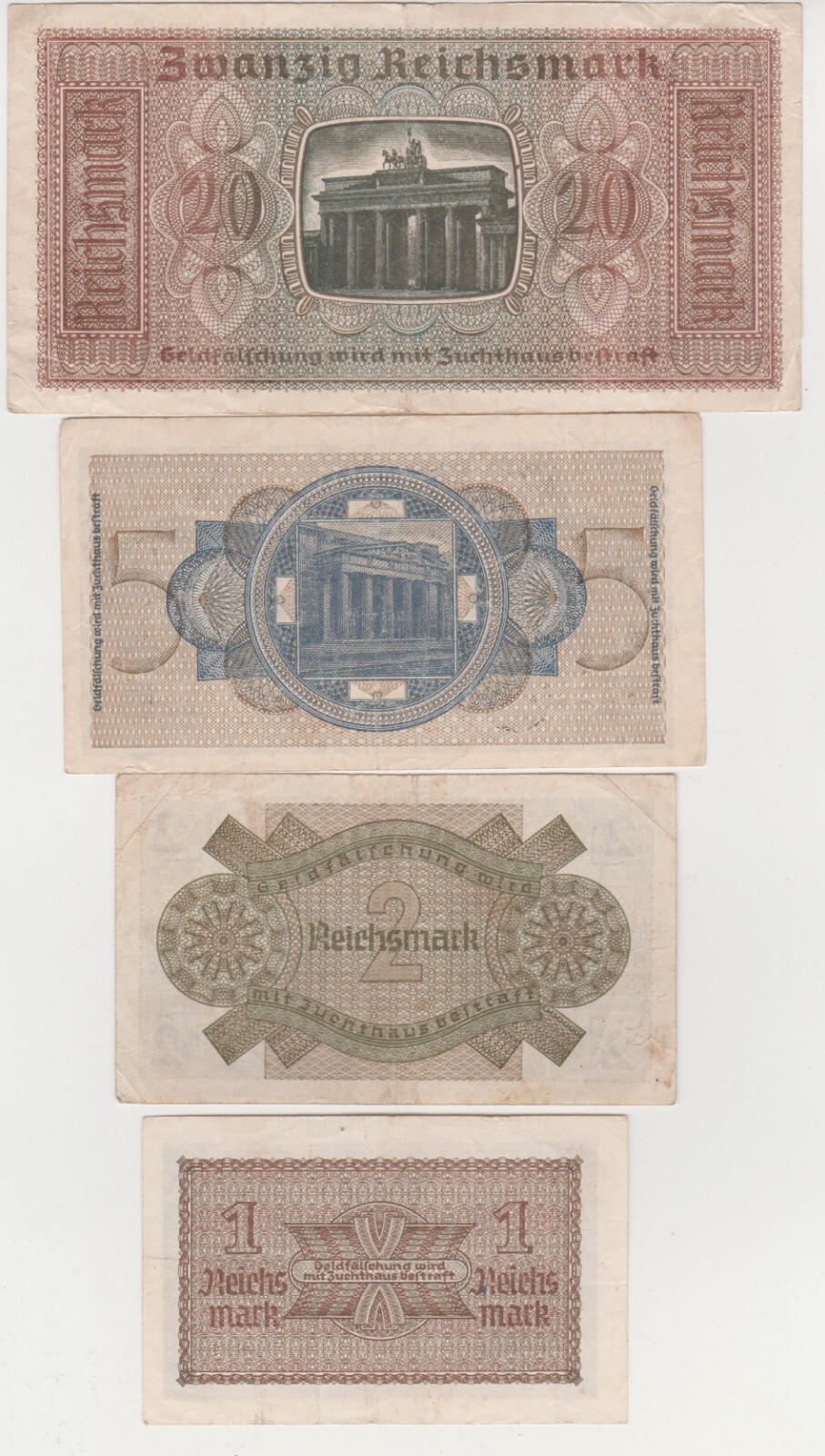 Lot Nazi Germany 3rd Reich set 1, 2, 5, 20 reichsmark / mark banknotes ...