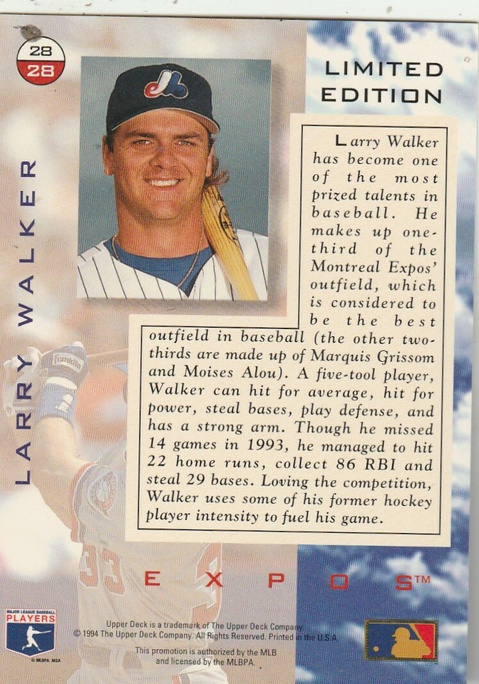 FREE SHIPPING-MINT-1994 Holograms Montreal Expos #28 Larry Walker ...