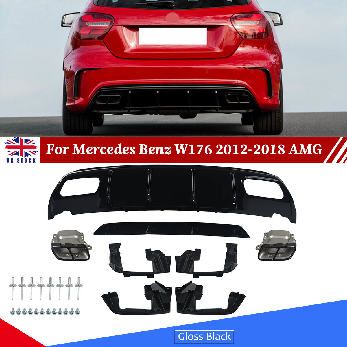 For Mercedes Benz A Class W176 A45 Look Gloss Black Rear Diffuser ...