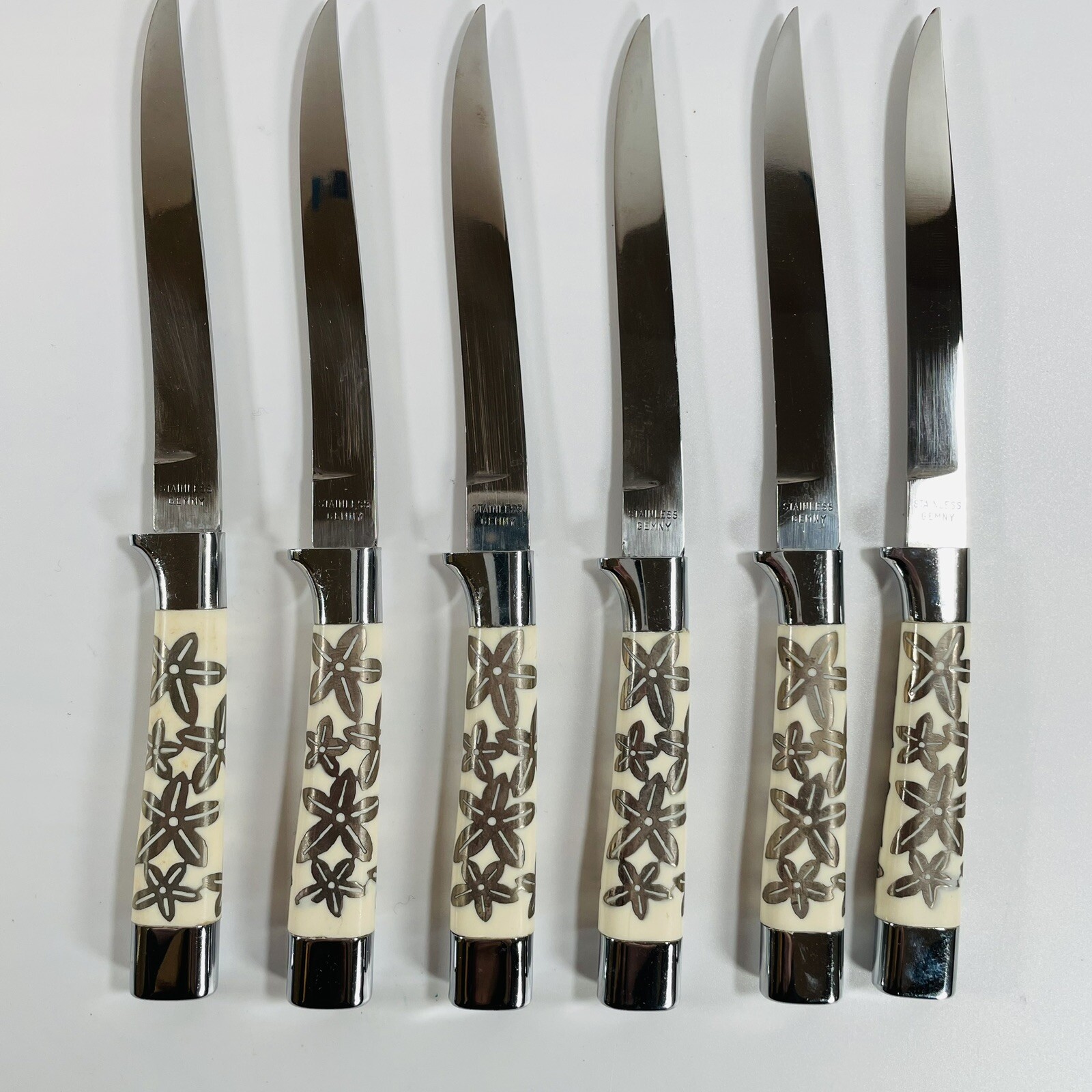Vintage Set 6 Solingen Germany Ivory Color Silver Flowers Inlay Steak ...