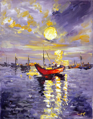"Red Boat White Sunset" - Original Expressive Oil Painting by Julia Lu 14"x18" | eBay