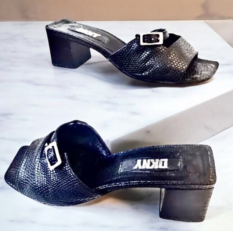 DKNY Vintage Sandal Slide Black Leather Snakeskin Print Chunky Heel ...