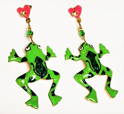Vintage LUNCH AT THE RITZ Spotted FROG & Heart Pierced Dangle Earrings ...